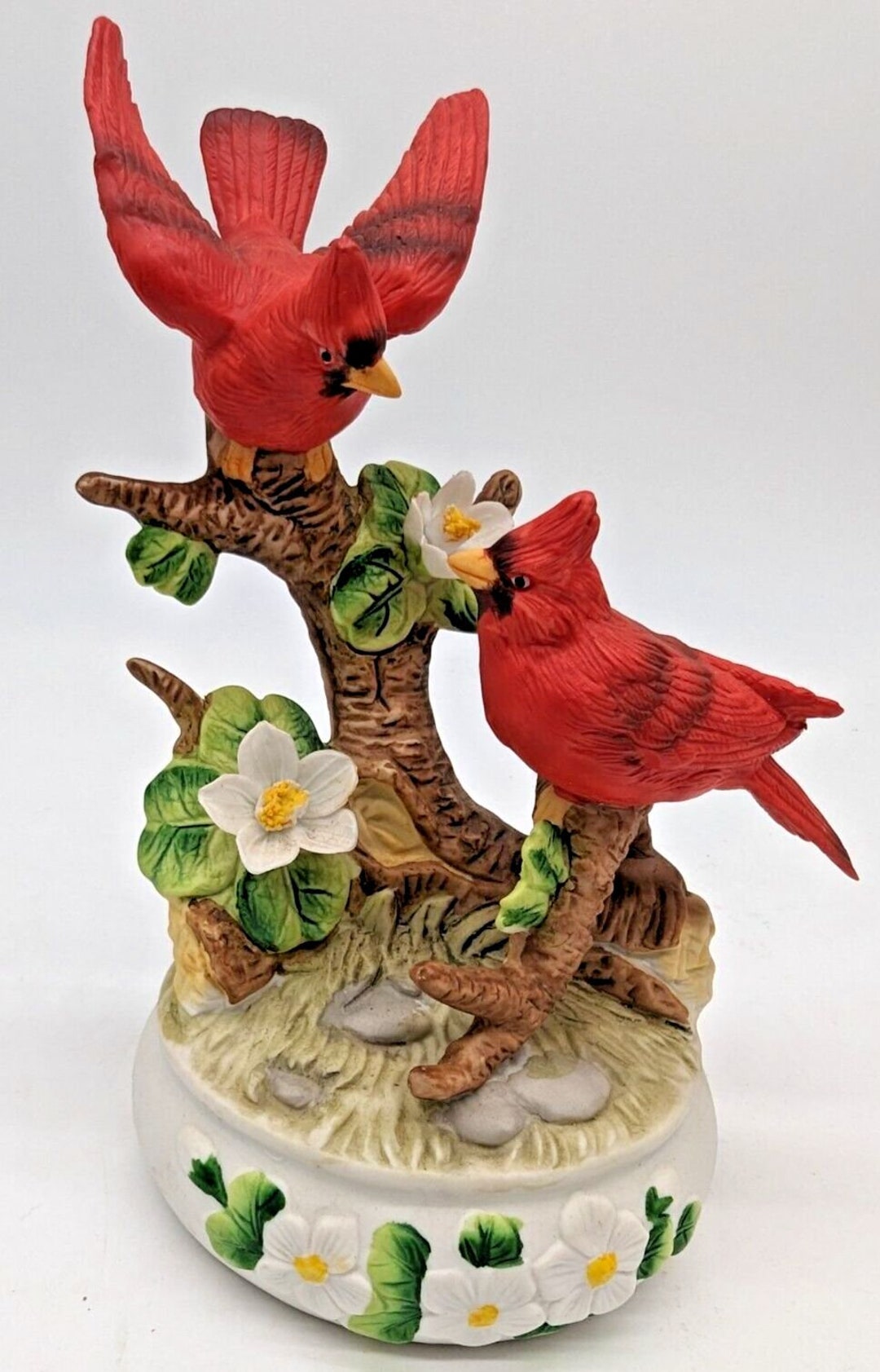 Vintage Porcelain Cardinal Music Box Red Birds on Round Base With Apple ...