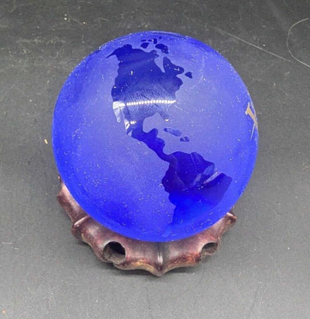 Frosted Blue Glass World Globe Paperweight - Cruise Souvenir - Etsy