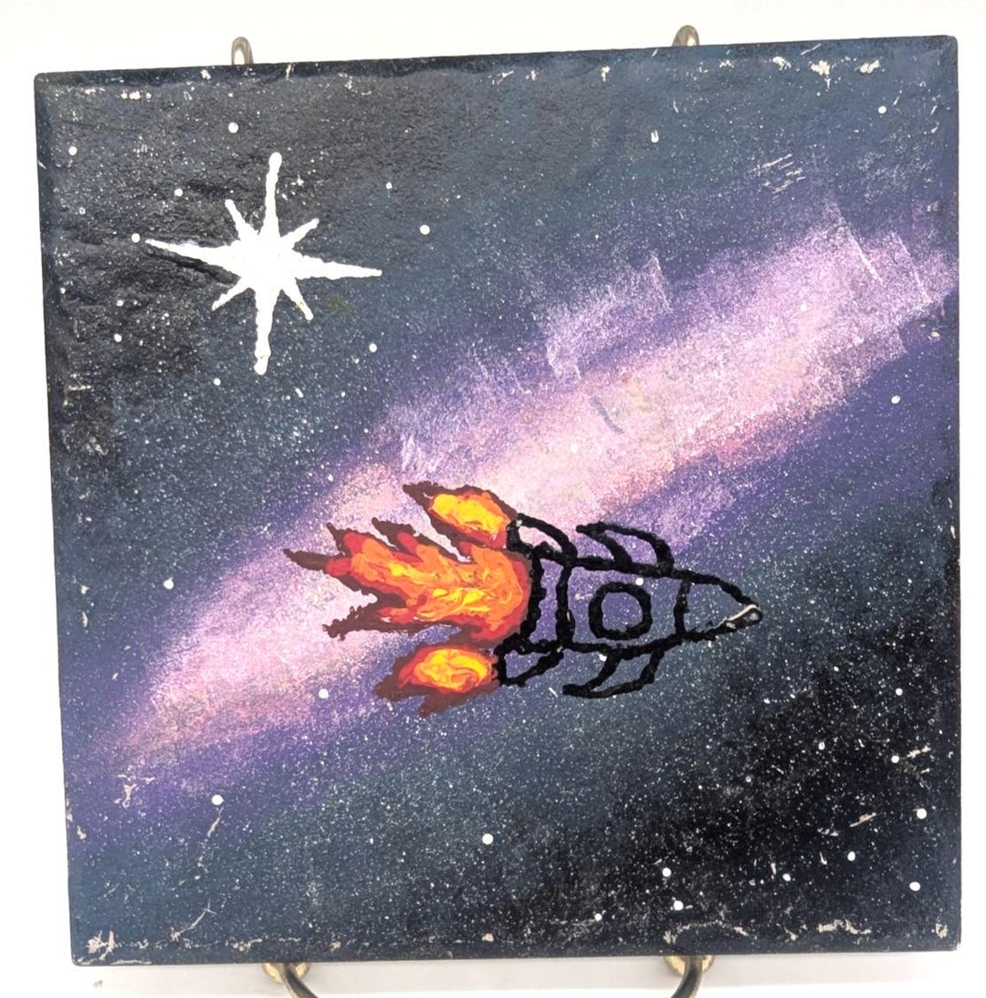 Retro Rocket Ship Outer Space Ceramic Tile Hand Painted Space Age MCM ...