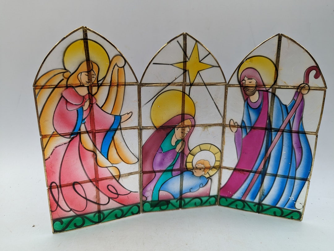 Nativity Scene Panel Painted Capiz Shell Stained Glass Triptych ...