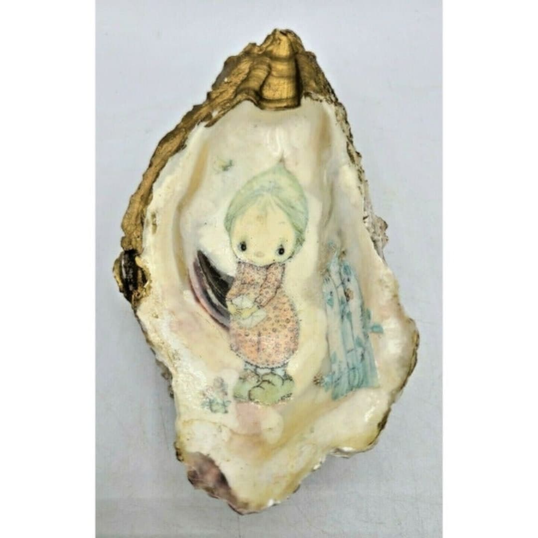 Fairy Imp Big Eye Girl Flowers Natural Oyster Shell Art Craft Vintage ...
