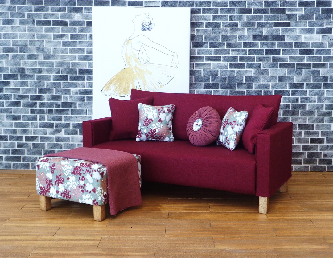 1/6 Dollhouse Furniture Sofa/ottoman Set 5 Decorative Pillows Throw in ...