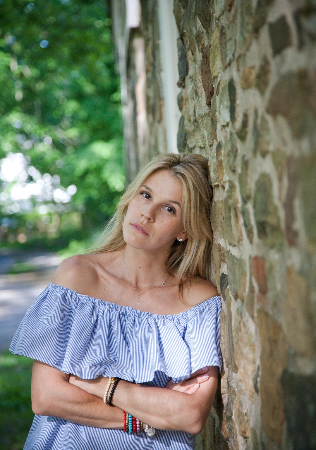 Gypsy off the Shoulder Ruffle Top Woman Boho Ruffle Top Blue Stripe ...