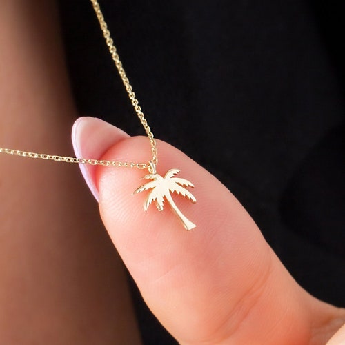 Dainty 14k Solid Gold Chain and Palm Tree Pendant Necklace - Etsy