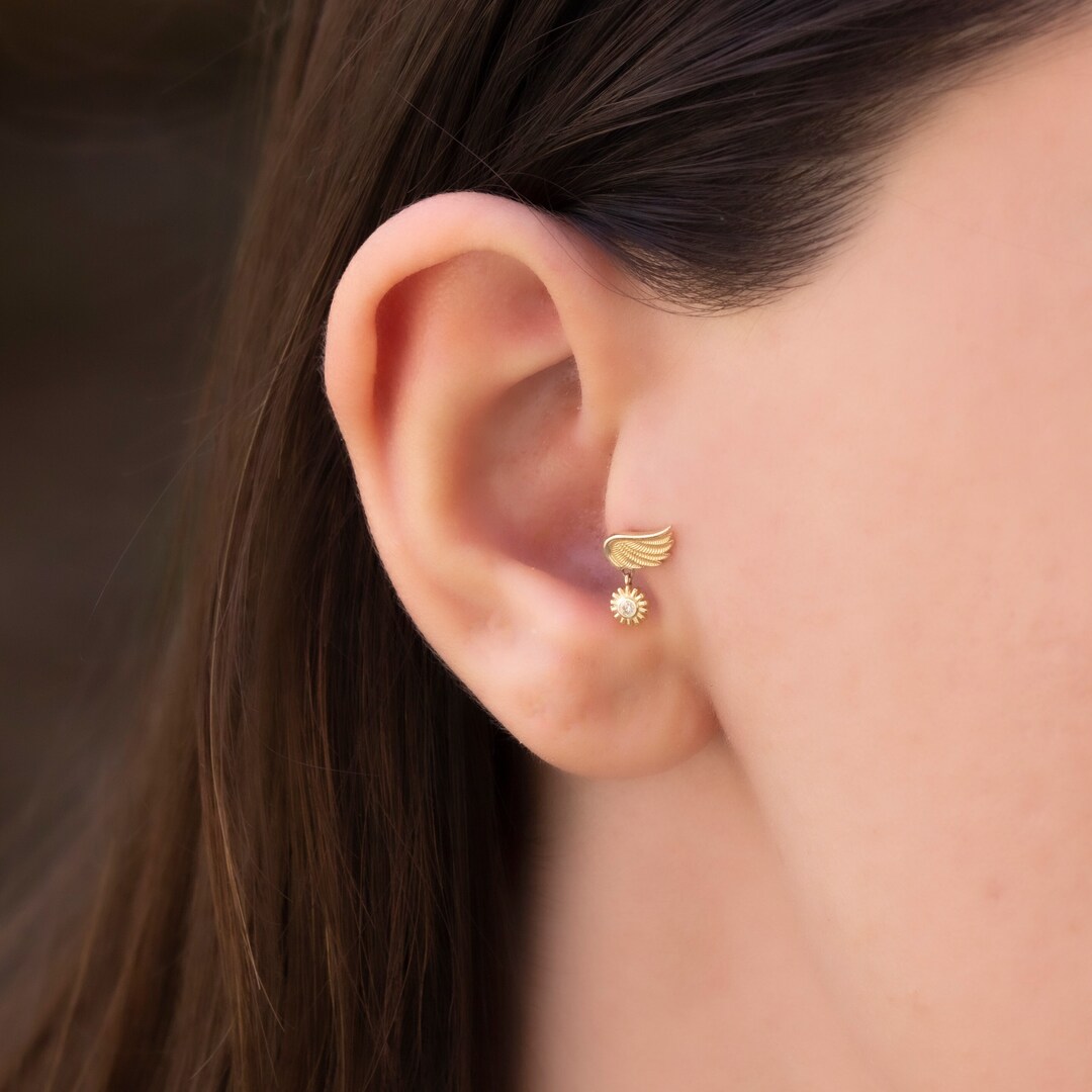 Dainty 14k Solid Gold Delicate Dangle Wing Figure Screwback Ear ...