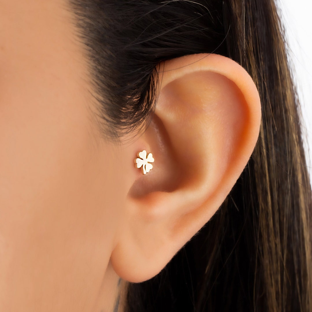 Dainty 14k Solid Gold Four Leaf Clover Figure CZ Screwback Ear Piercing ...
