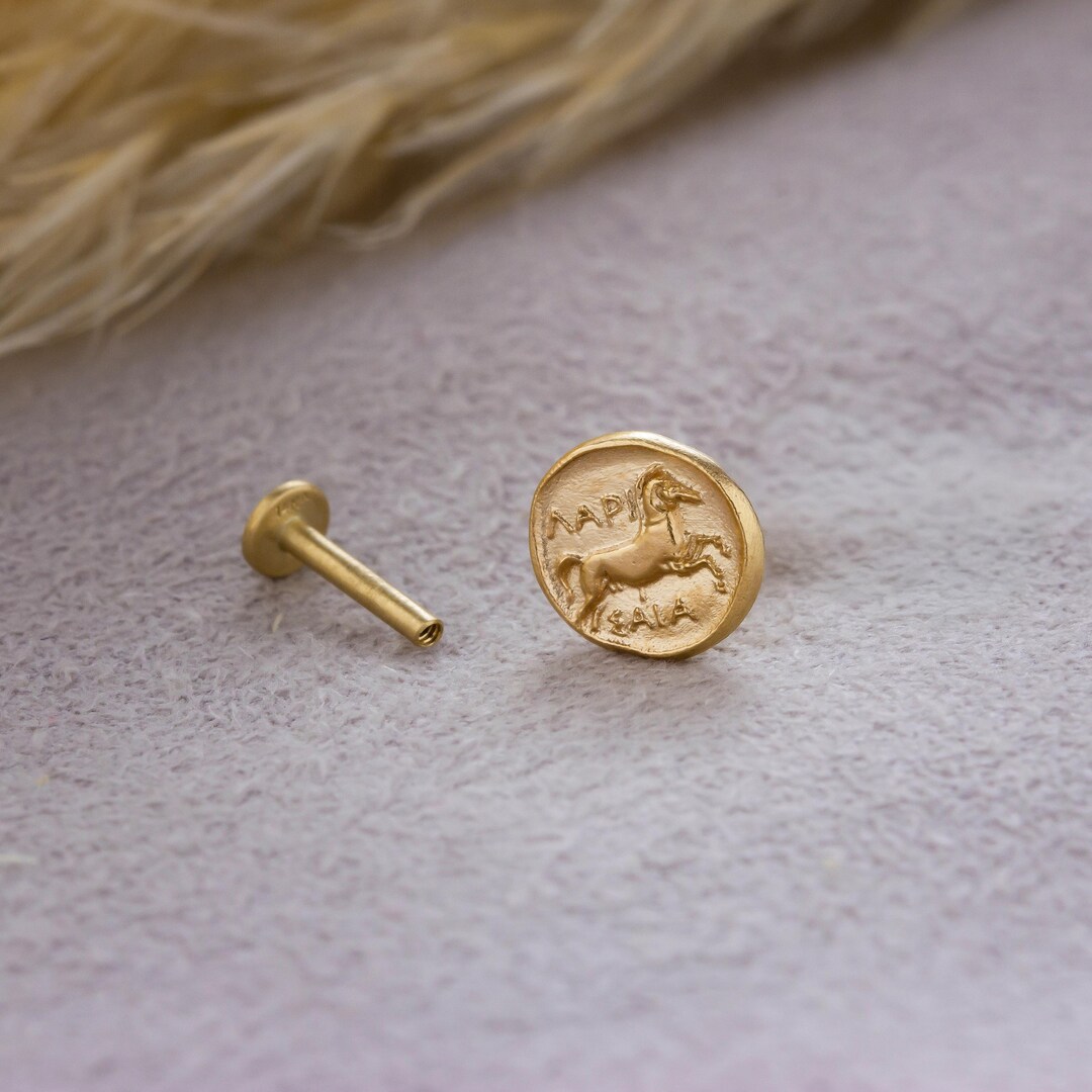 14k Gold Medieval Coin Horse Helix Ear Piercing - Anti-allergic - Etsy