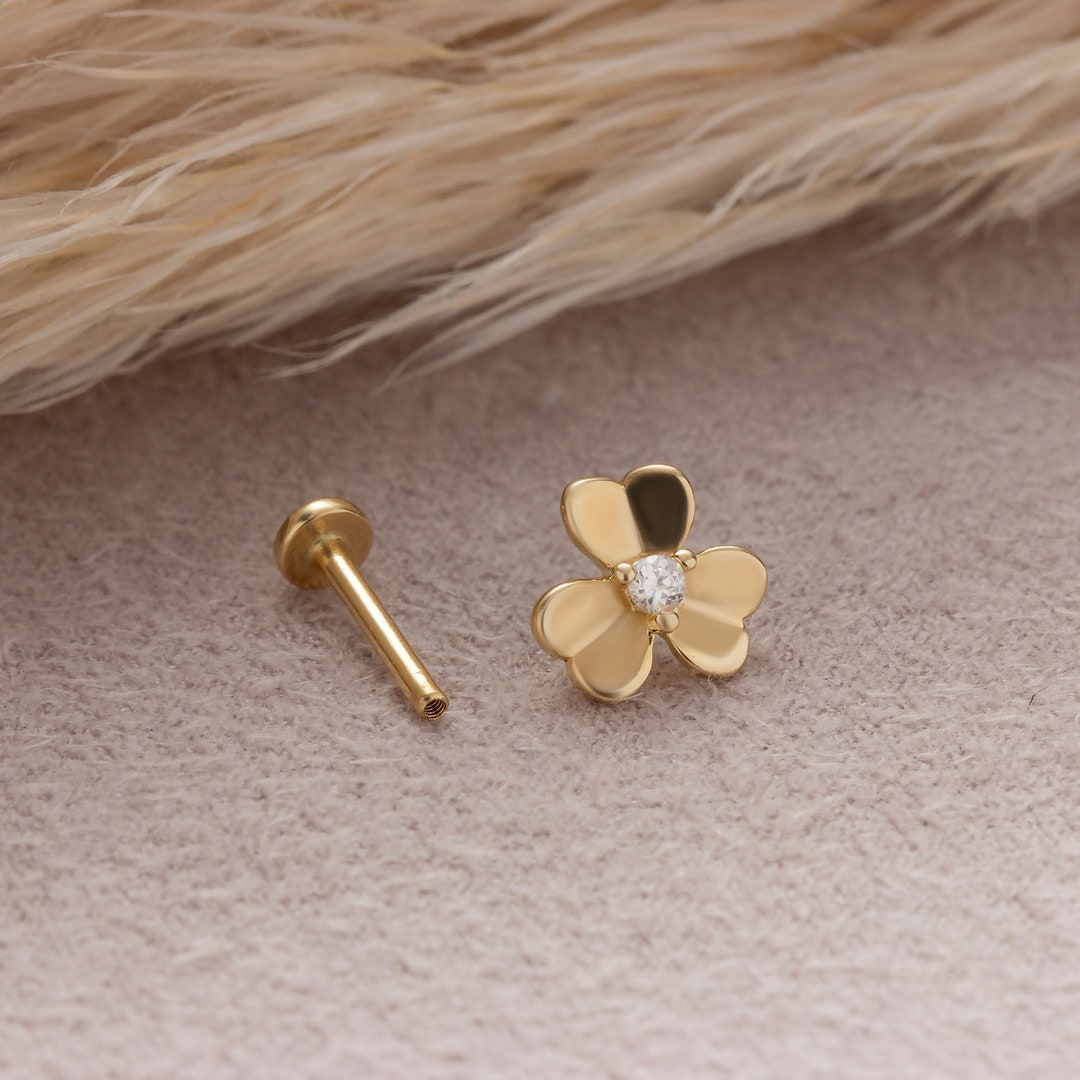 Dainty 14k Solid Gold Three Leaf Clover Figure CZ Screwback Ear ...