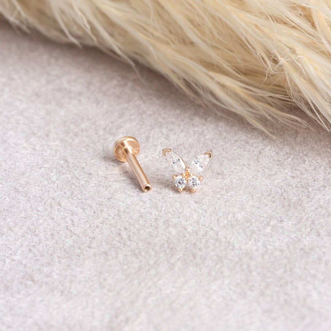 Dainty 14k Solid Gold Marquise and Round Cut CZ Butterfly Figure ...