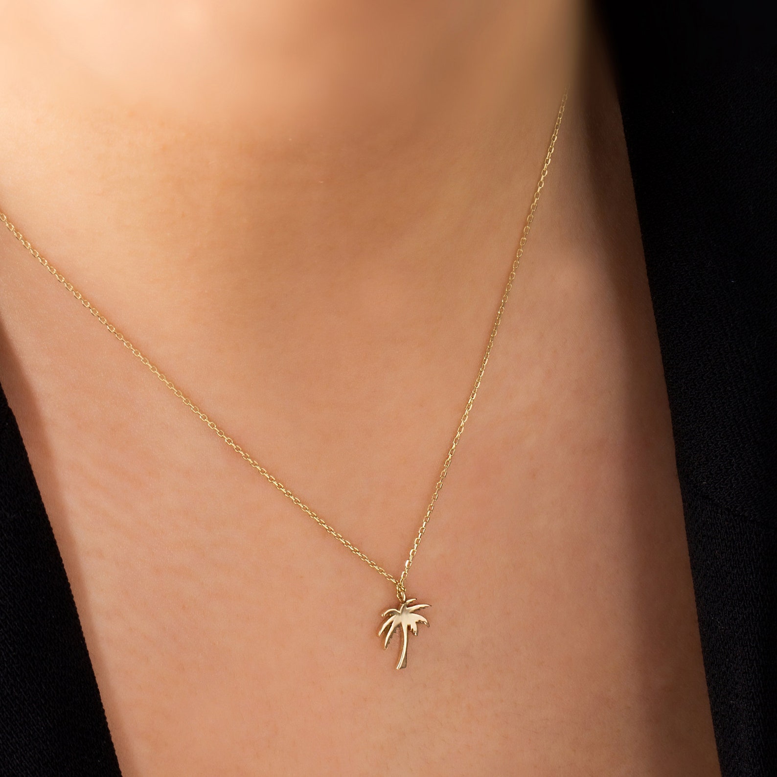 Dainty 14k Solid Gold Chain and Palm Tree Pendant Necklace - Etsy