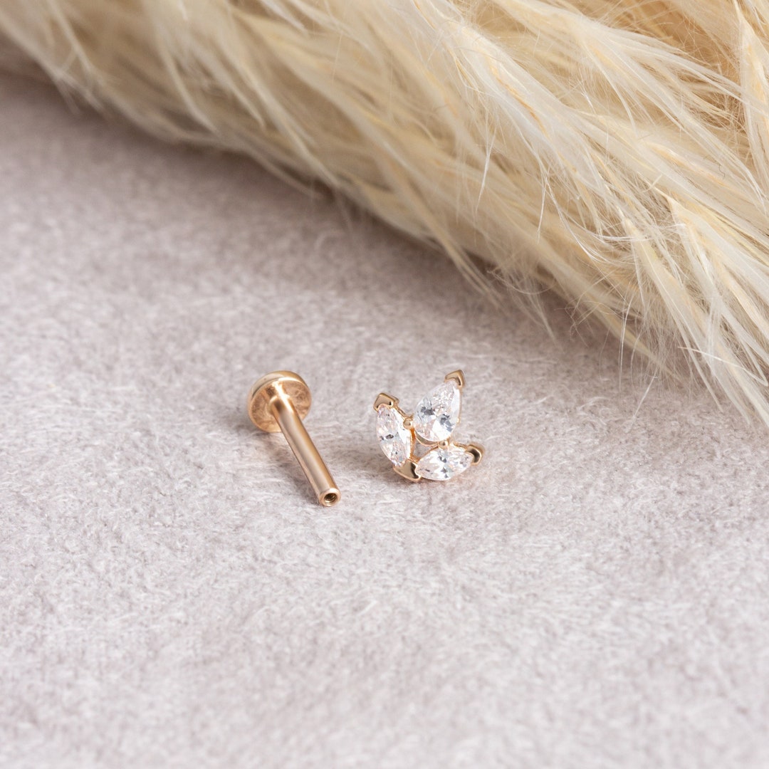Dainty 14k Gold CZ Trinity Piercing: Marquise & Peardrop Screwback Stud ...