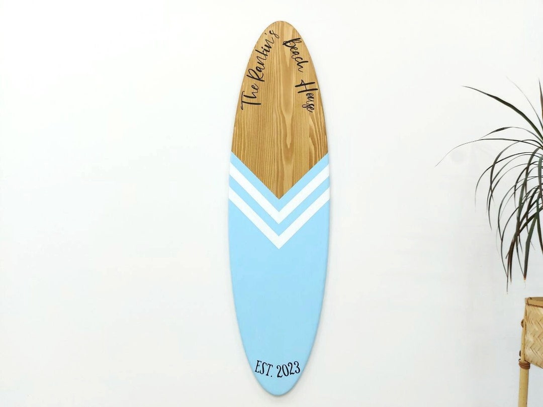 Personalized Surfboard Wall Art Decor With Custom Text Blue White Wood ...