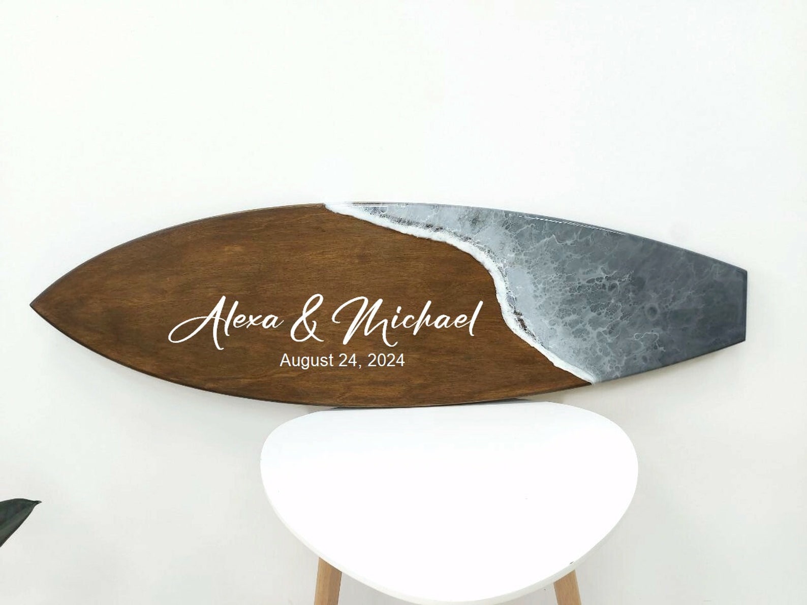 Personalized Surfboard Wedding Guest Book With Gray Ocean Waves Resin ...