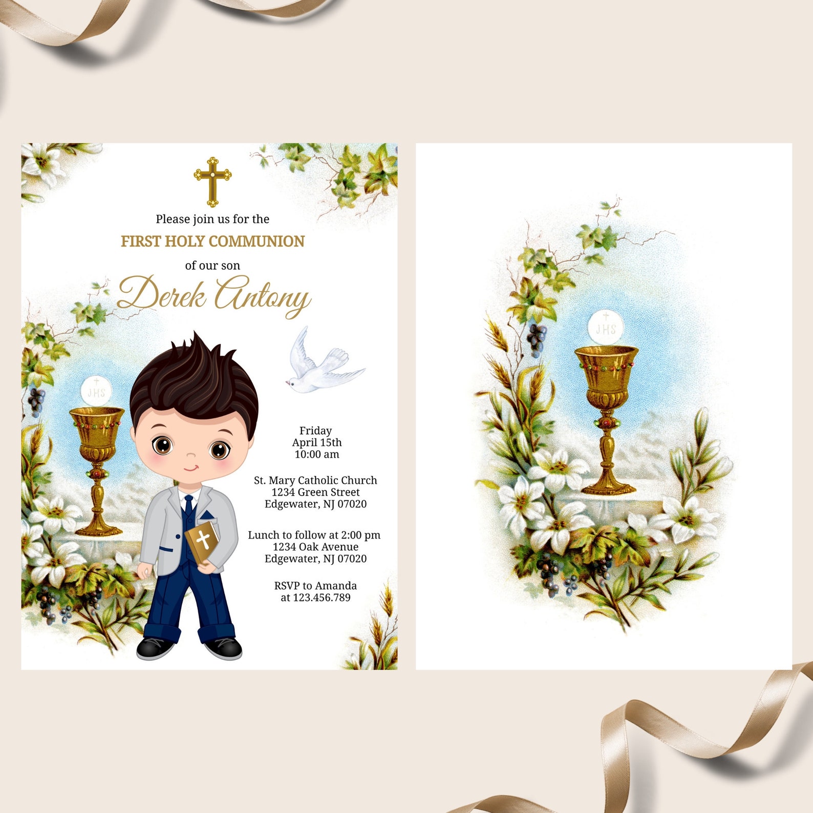 Boy First Holy Communion Invitation Template, Printable Invite for Cute ...