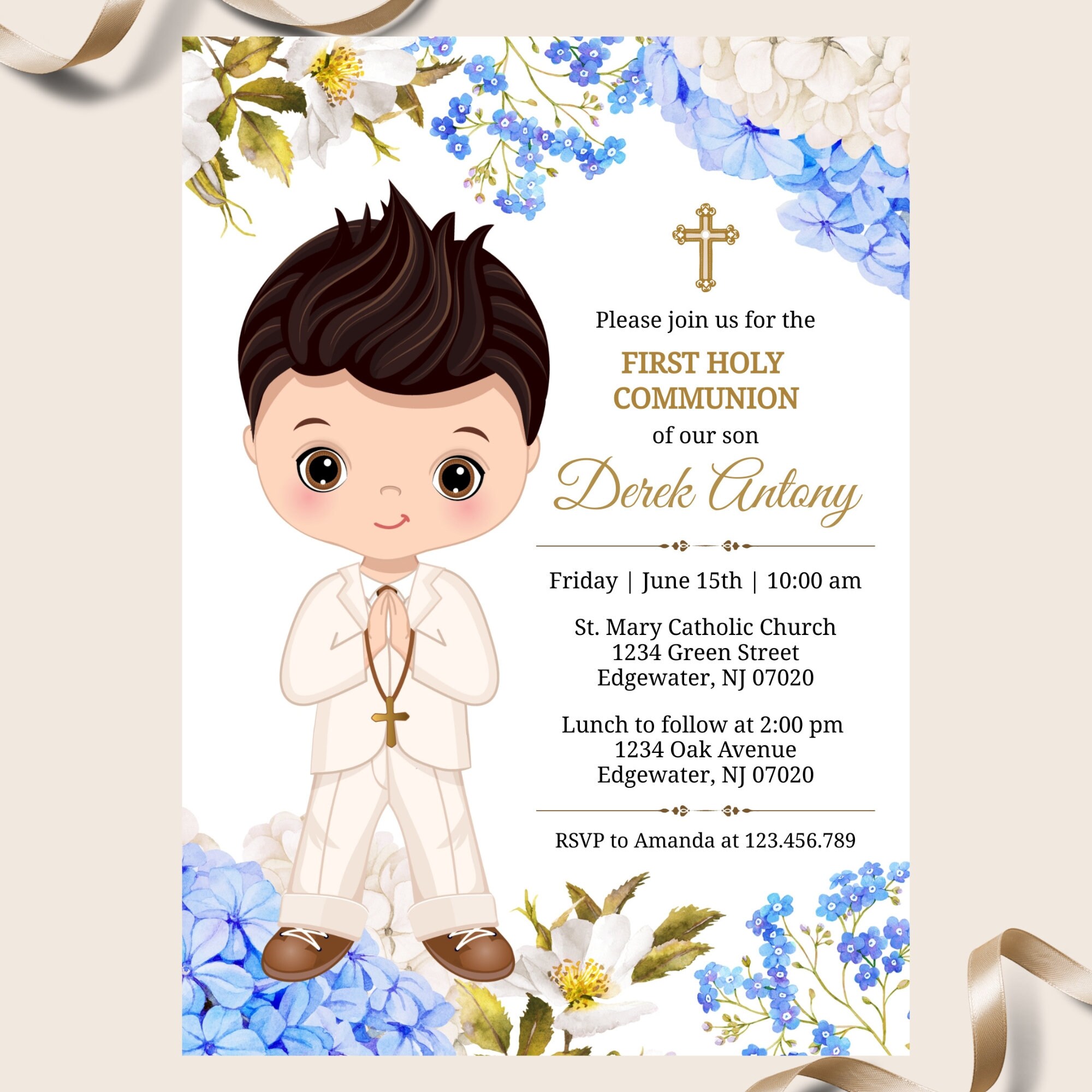 Boy First Holy Communion Invitation Template, Printable Invite for Cute ...