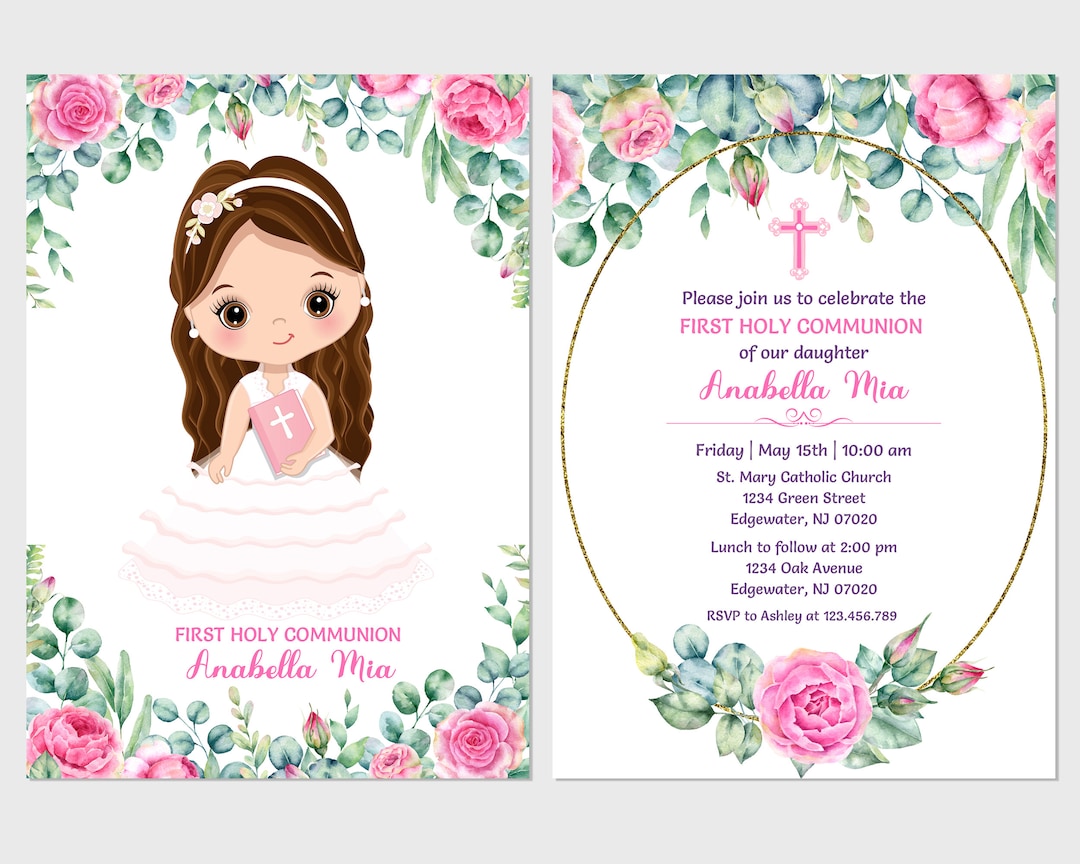 Girl First Holy Communion Invitation Template, Printable Invite for ...