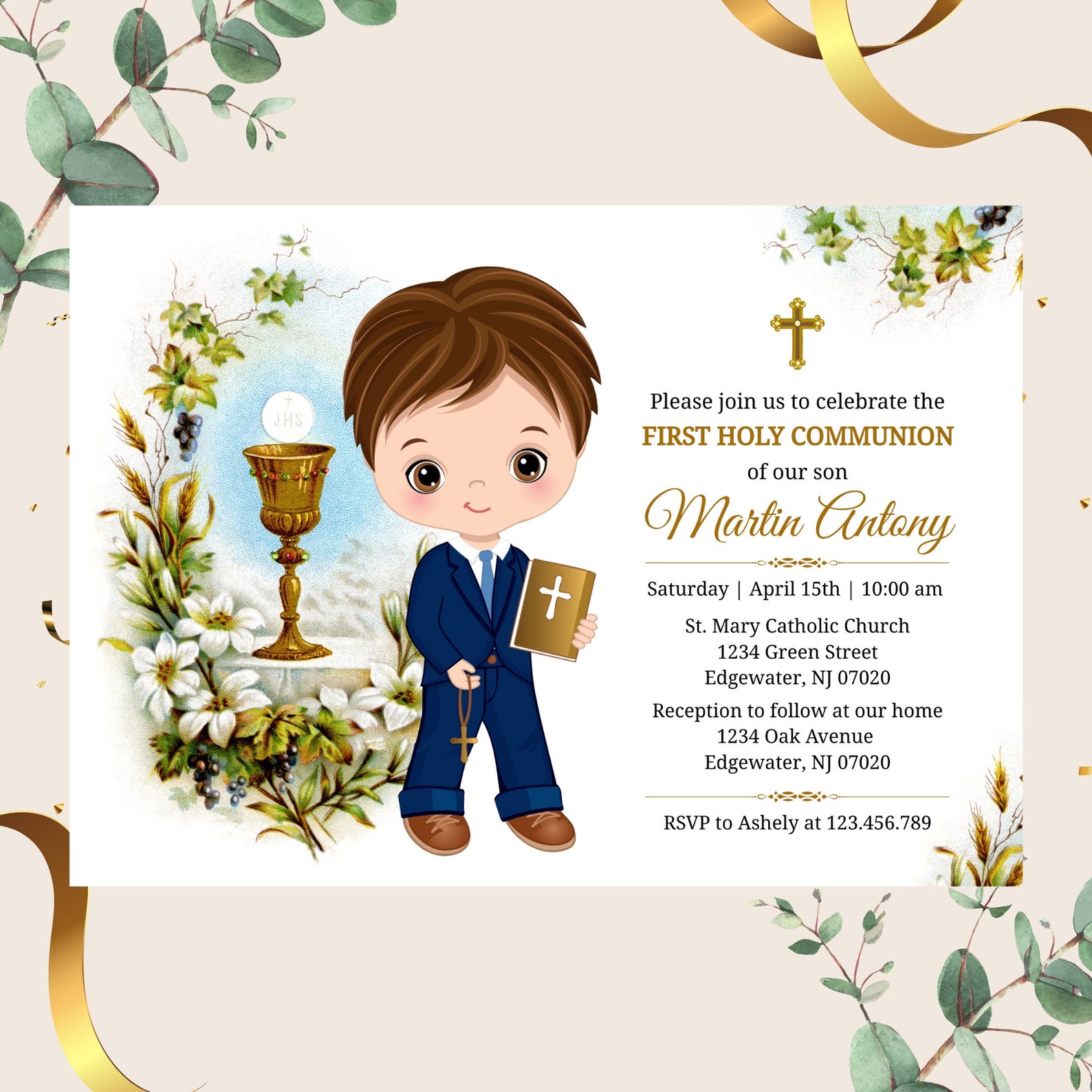 Boy First Holy Communion Invitation Template, Printable Invite for Cute ...