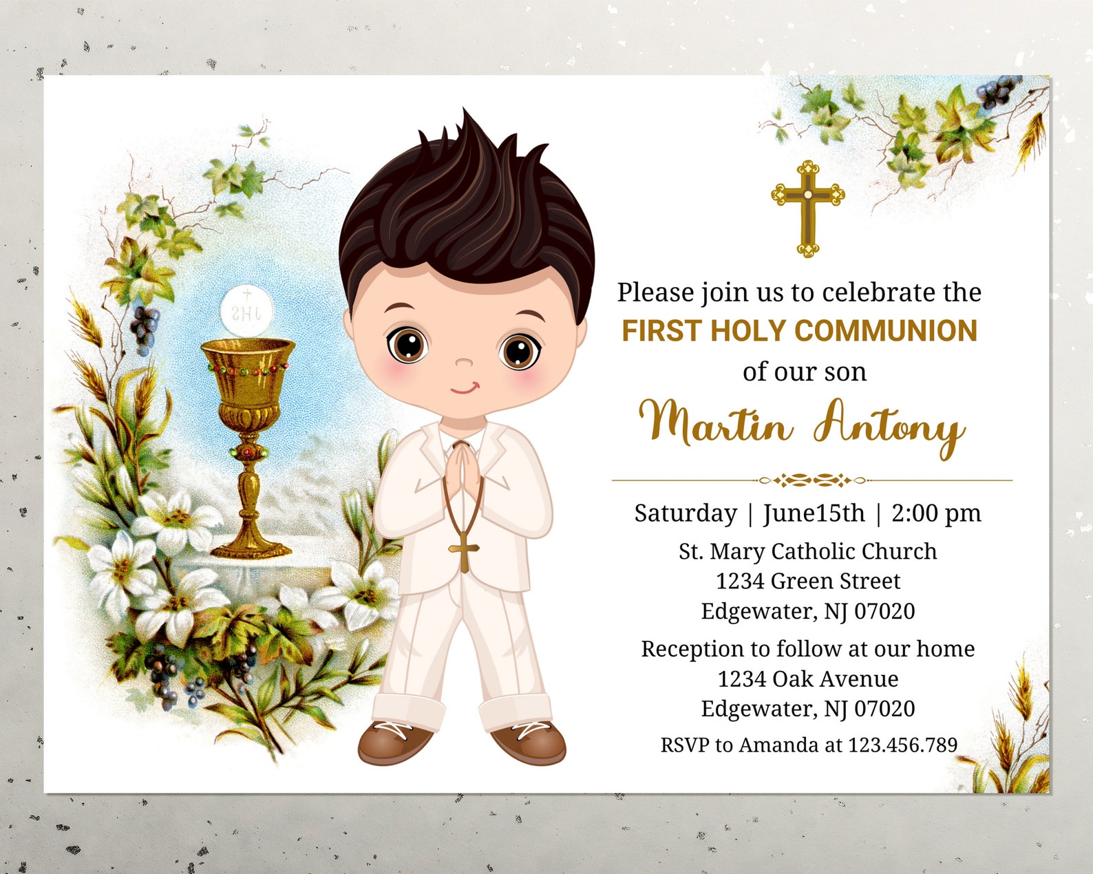 Boy First Holy Communion Invitation Template, Printable Invite for Cute ...