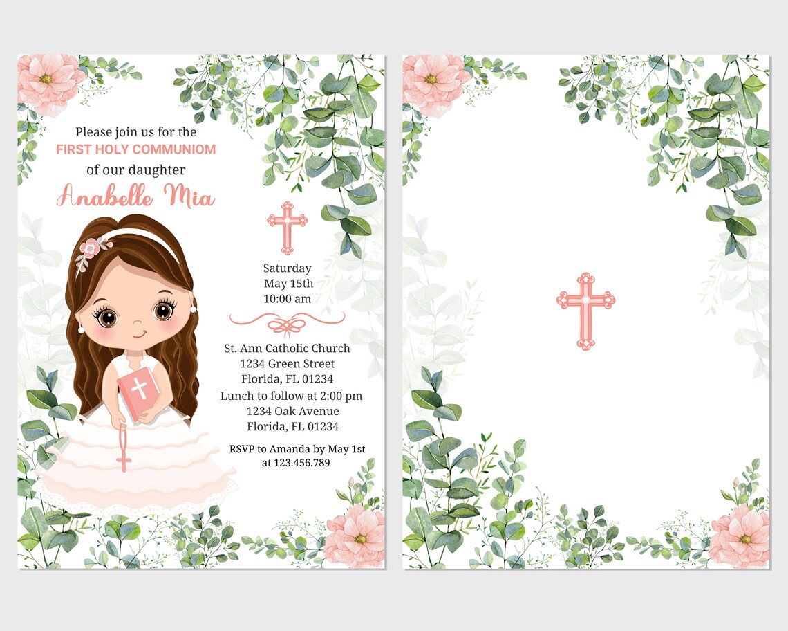 Girl First Holy Communion Invitation Template, Printable Invite for ...