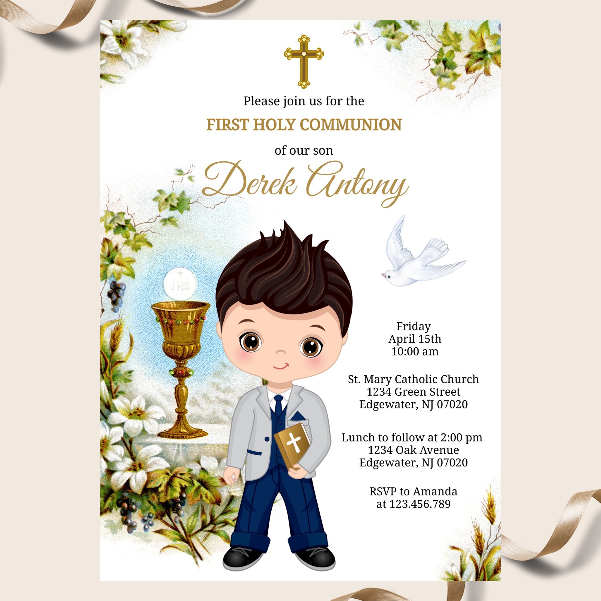 Boy First Holy Communion Invitation Template, Printable Invite for Cute ...