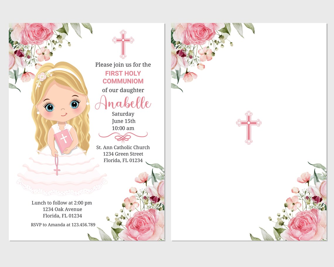 Girl First Holy Communion Invitation Template, Printable Invite for ...