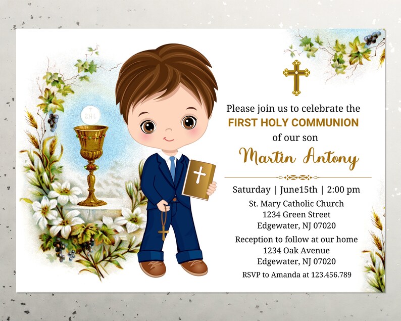Boy First Holy Communion Invitation Template, Printable Invite for Cute ...