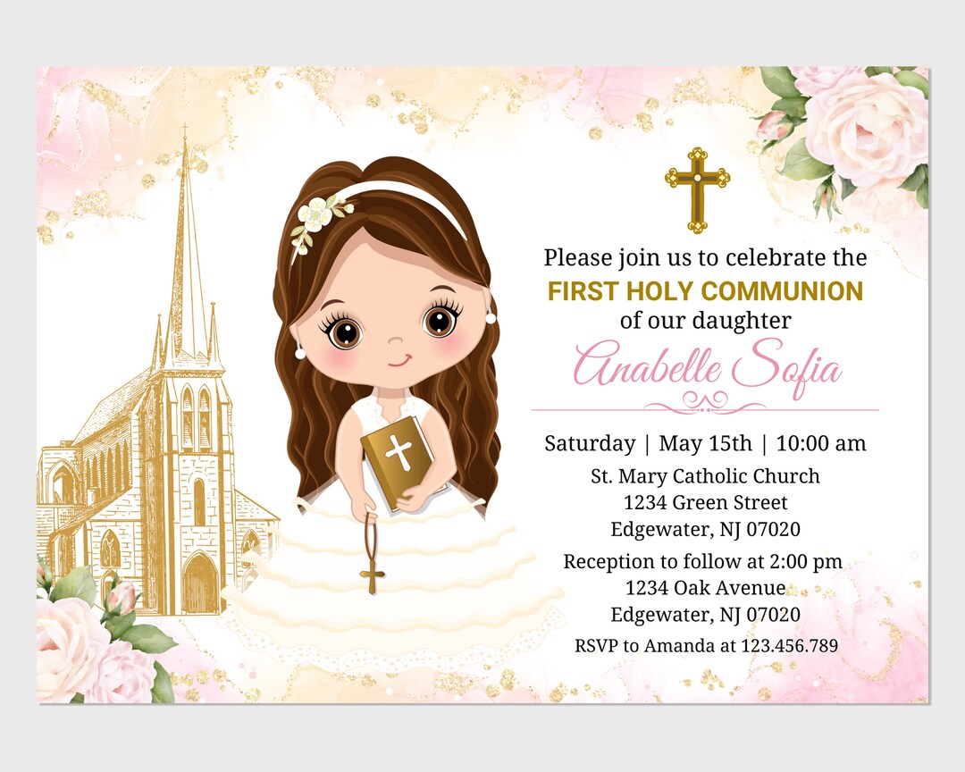Girl First Holy Communion Invitation Template Printable - Etsy
