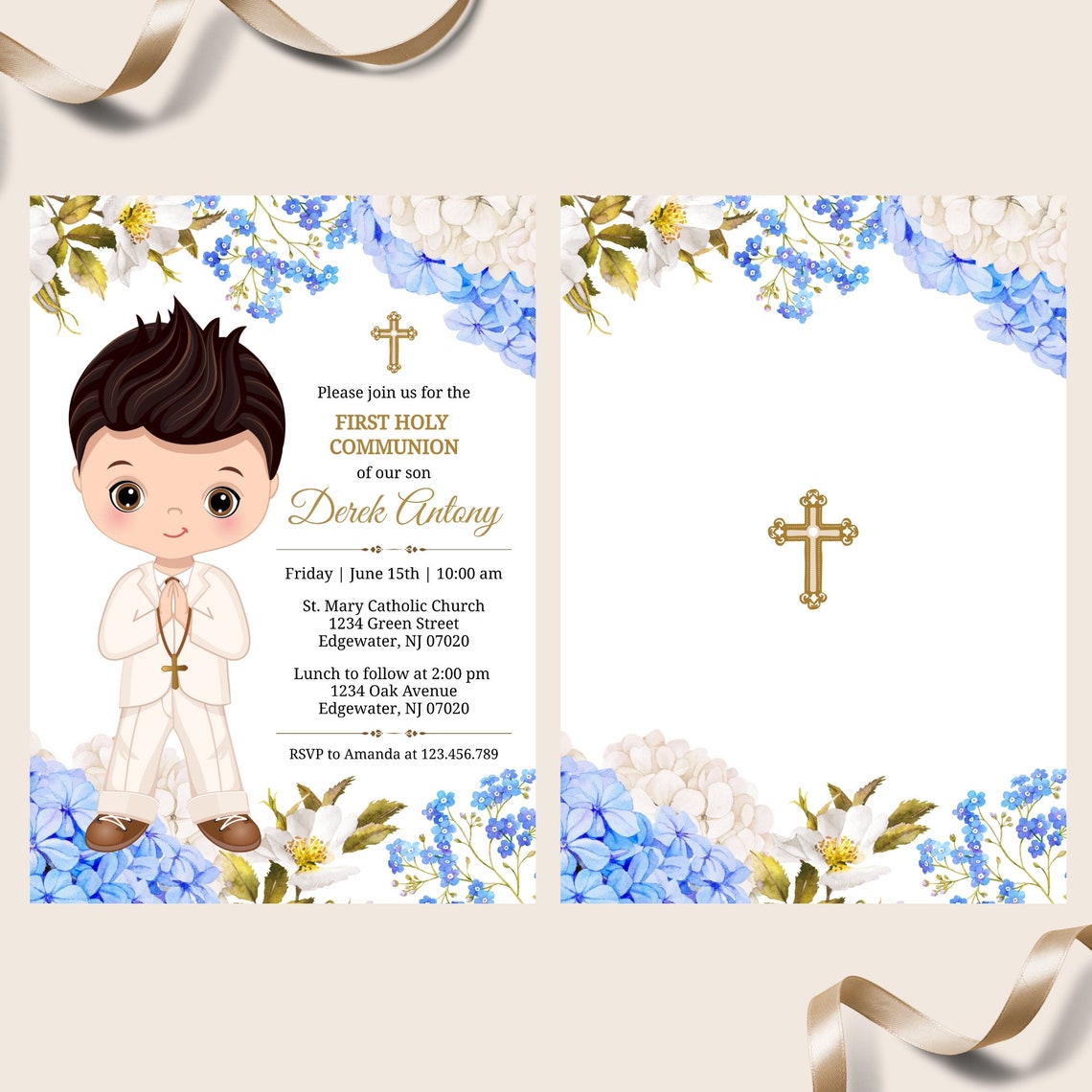 Boy First Holy Communion Invitation Template, Printable Invite for Cute ...