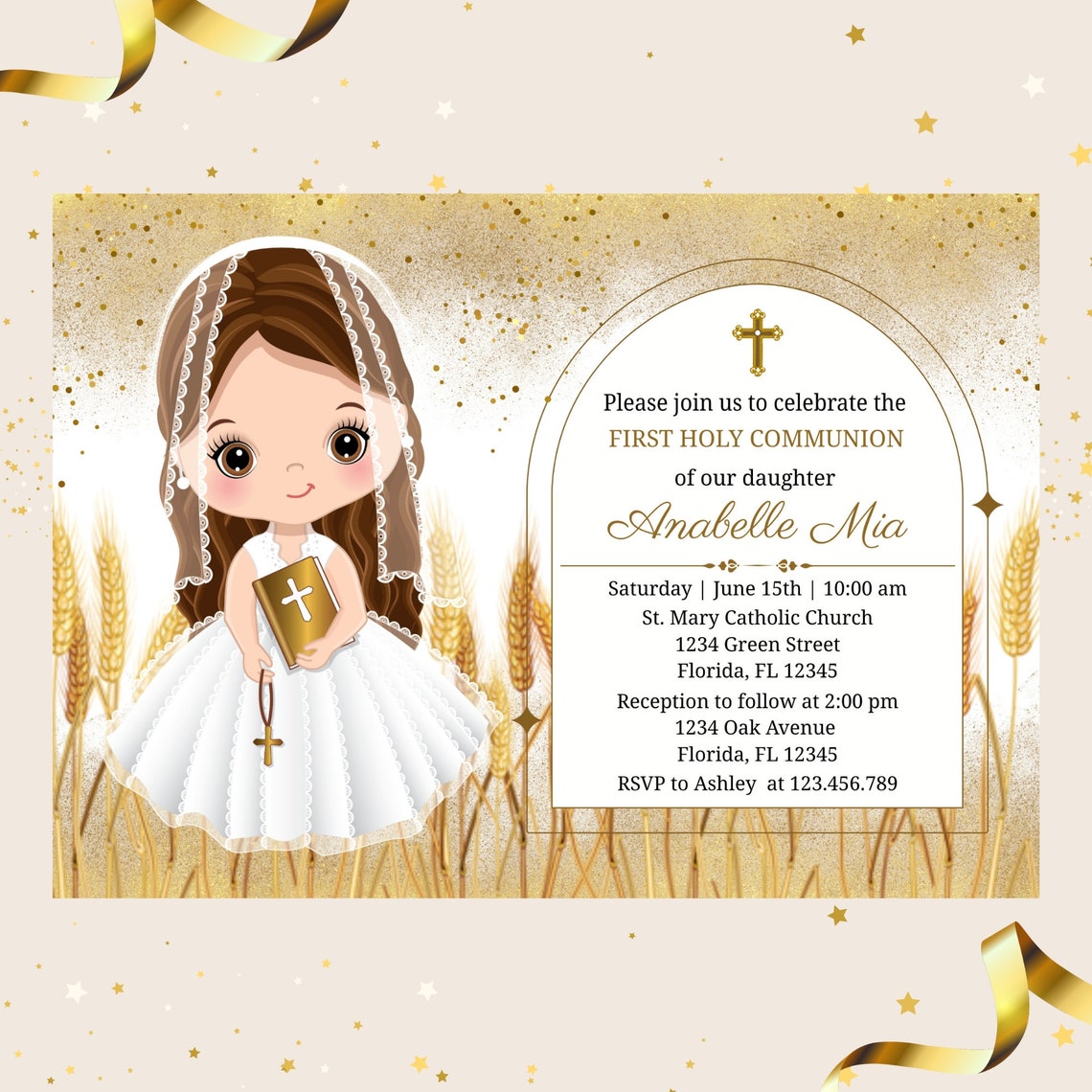 Girl First Holy Communion Invitation Template, Printable Invite for ...