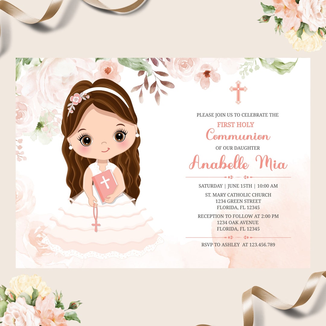 Girl First Holy Communion Invitation Template, Printable Invite for ...