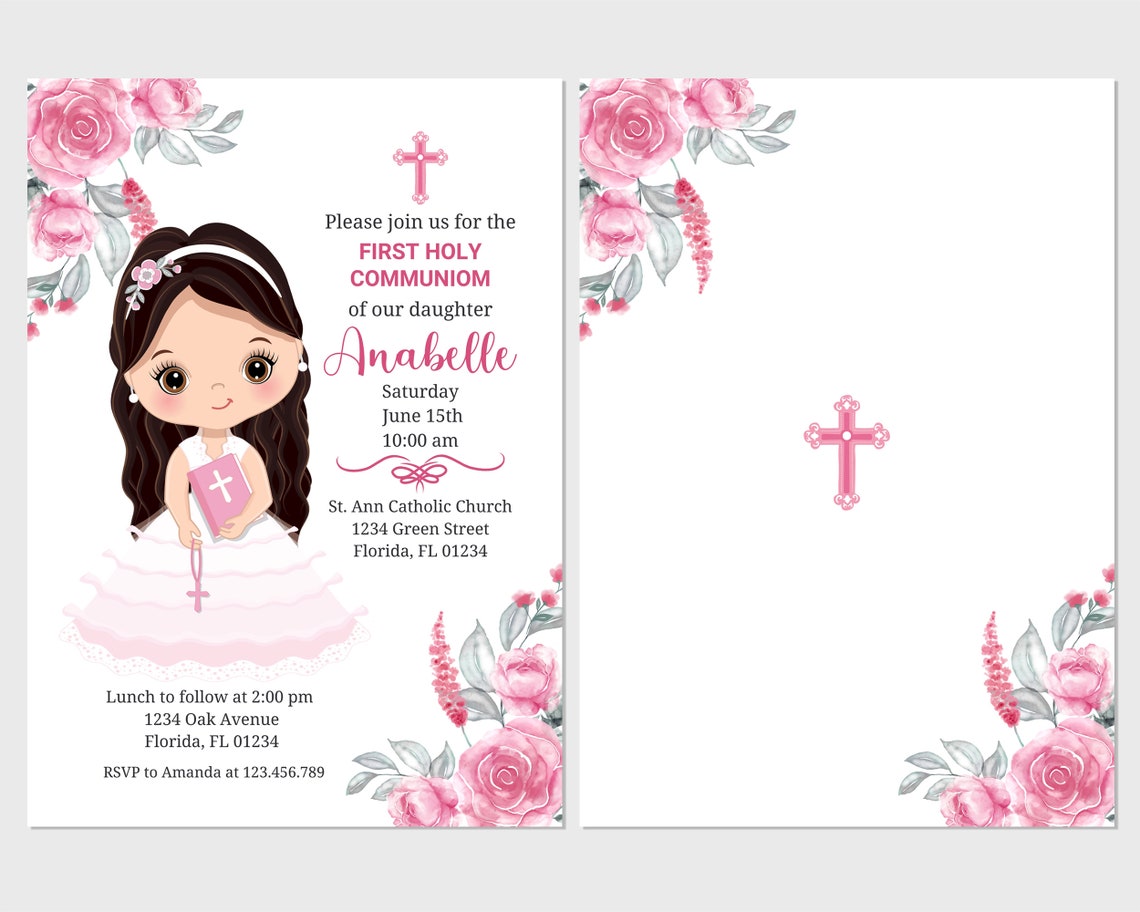 Girl First Holy Communion Invitation Template, Printable Invite for ...