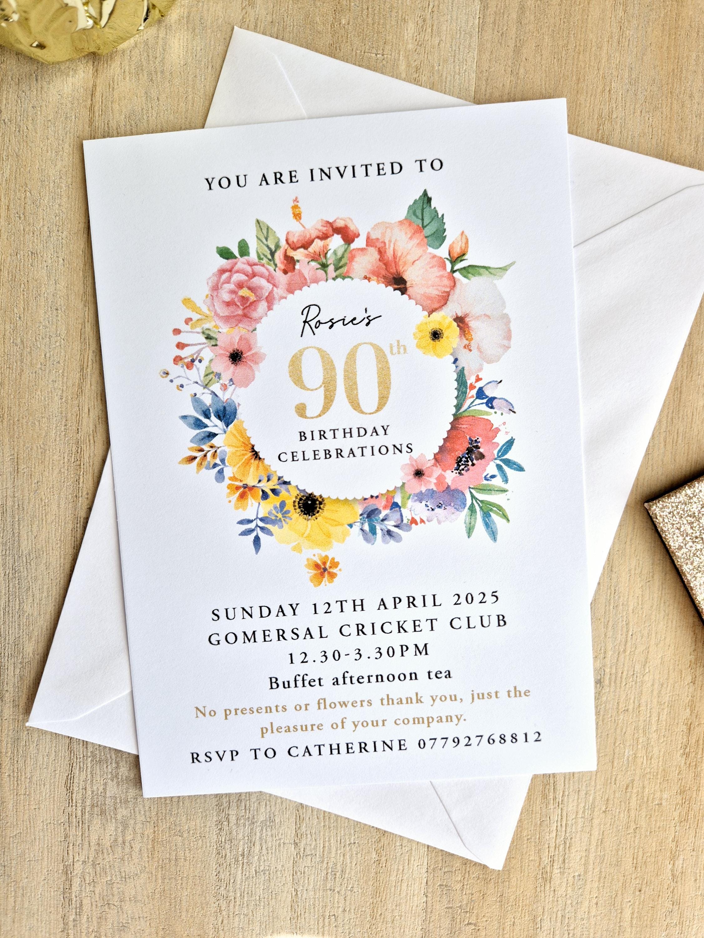 Personalised A6 70th, 80th 90th Birthday Invites Floral Design (ANY AGE ...