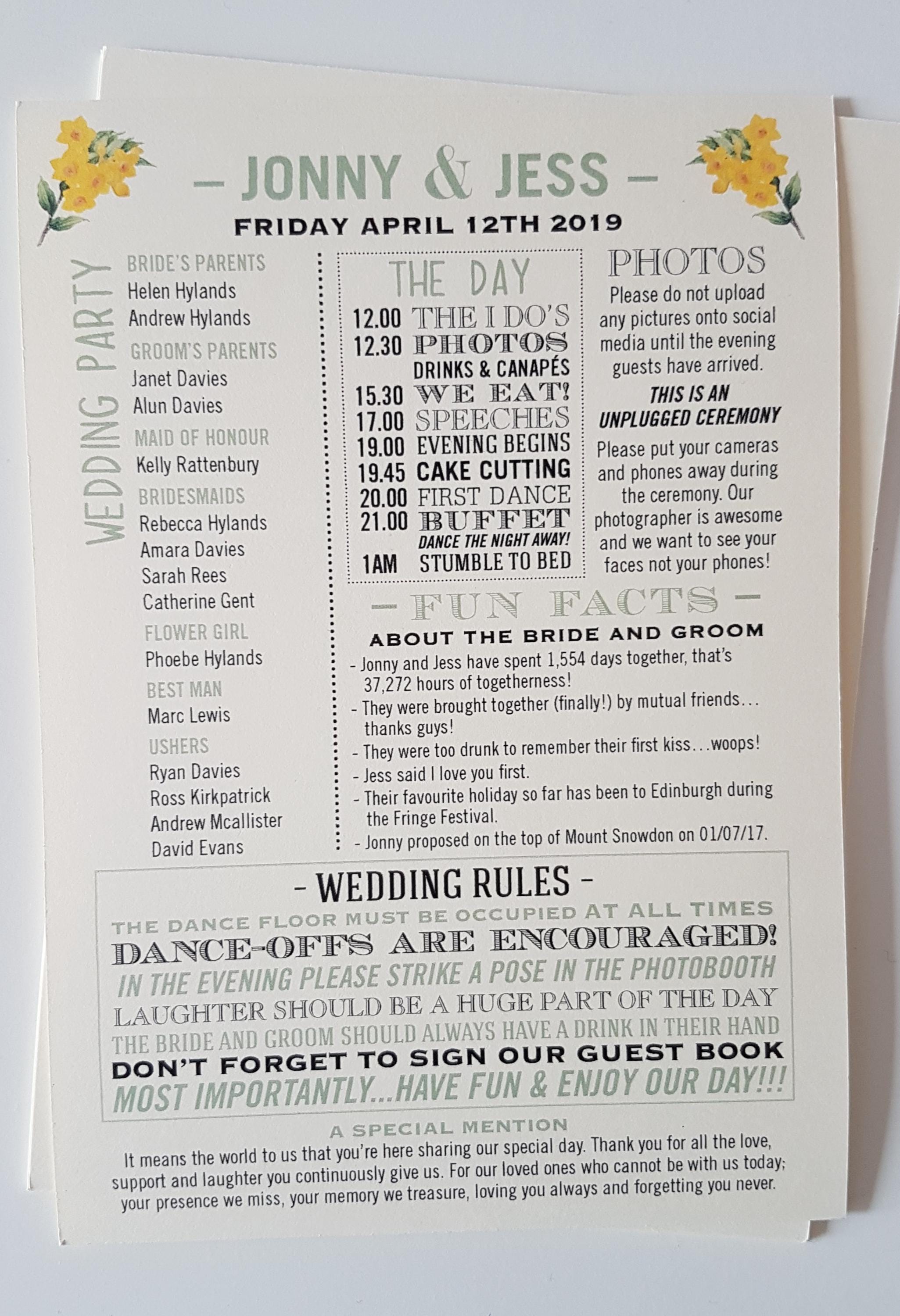 Personalised Wedding Programme Cards - Etsy UK