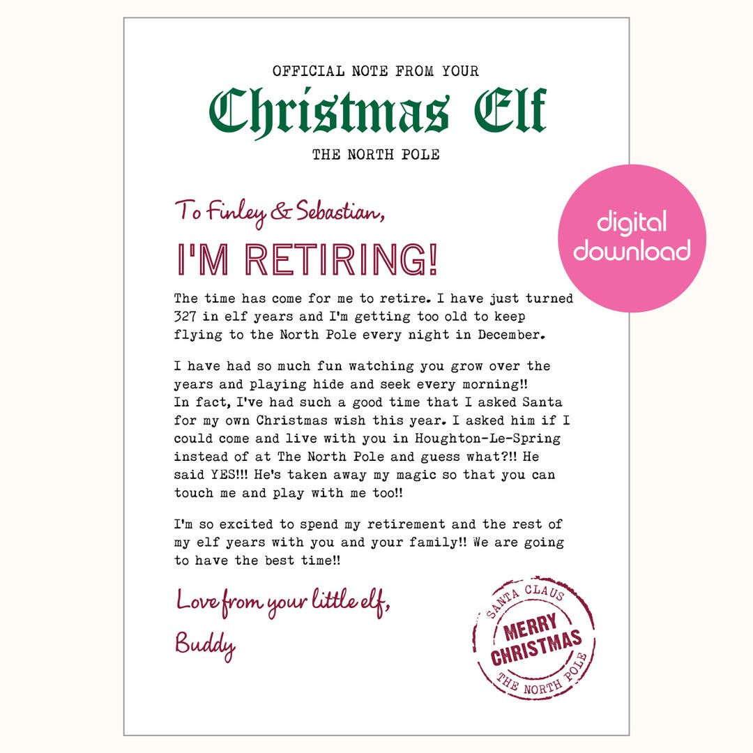 Personalised Elf Retiring but Staying Letter DIGITAL DOWNLOAD - Etsy ...