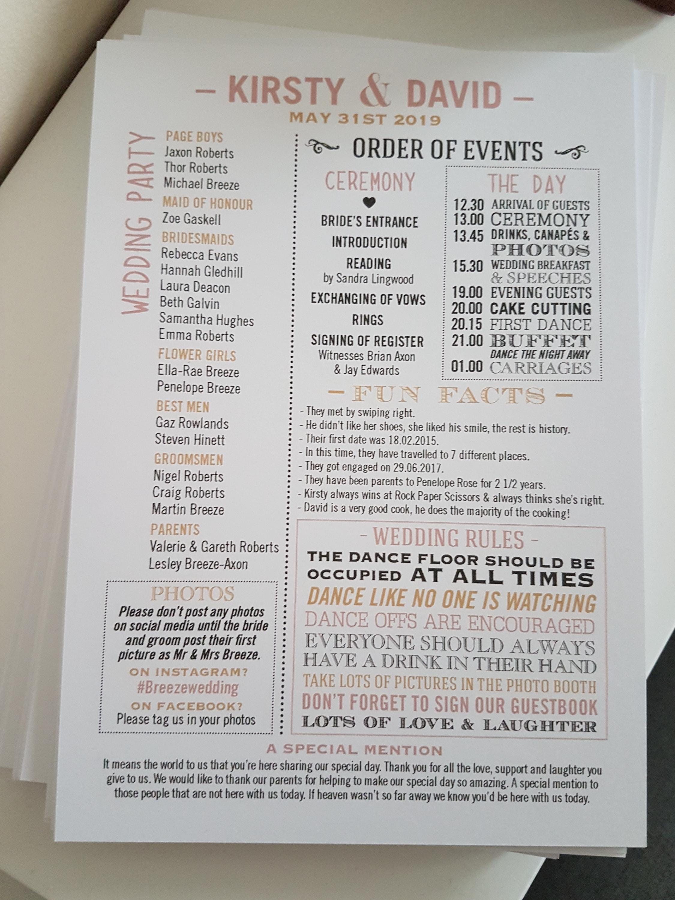 Personalised Wedding Programme Cards - Etsy UK