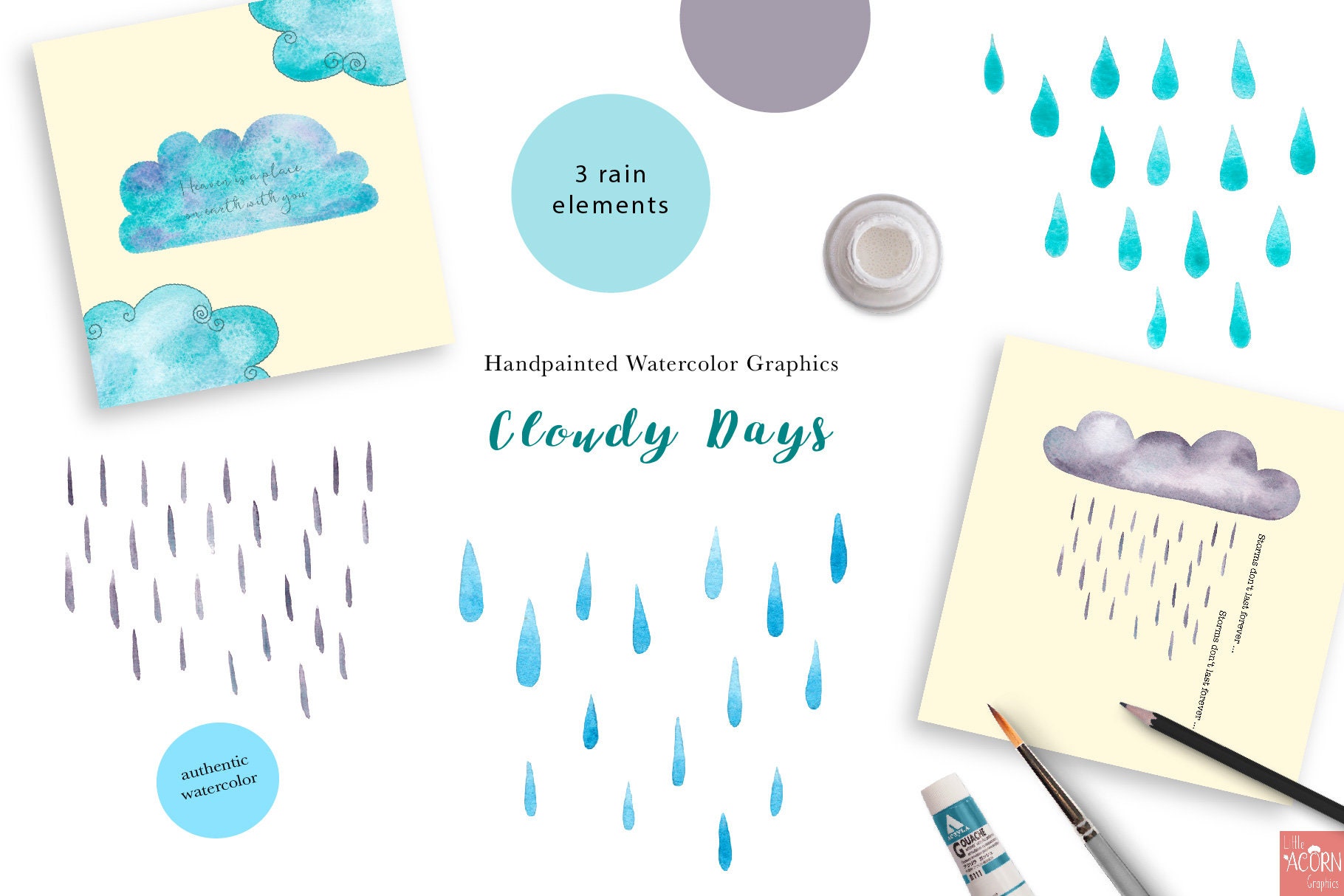 Watercolor Clipart Commercial Use, Clouds Rain Weather for Card Making ...