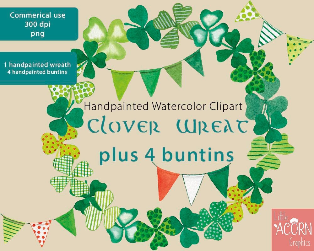 Watercolor Clipart St. Patriks Day Wreath Green Irish Shamrock Clip Art ...