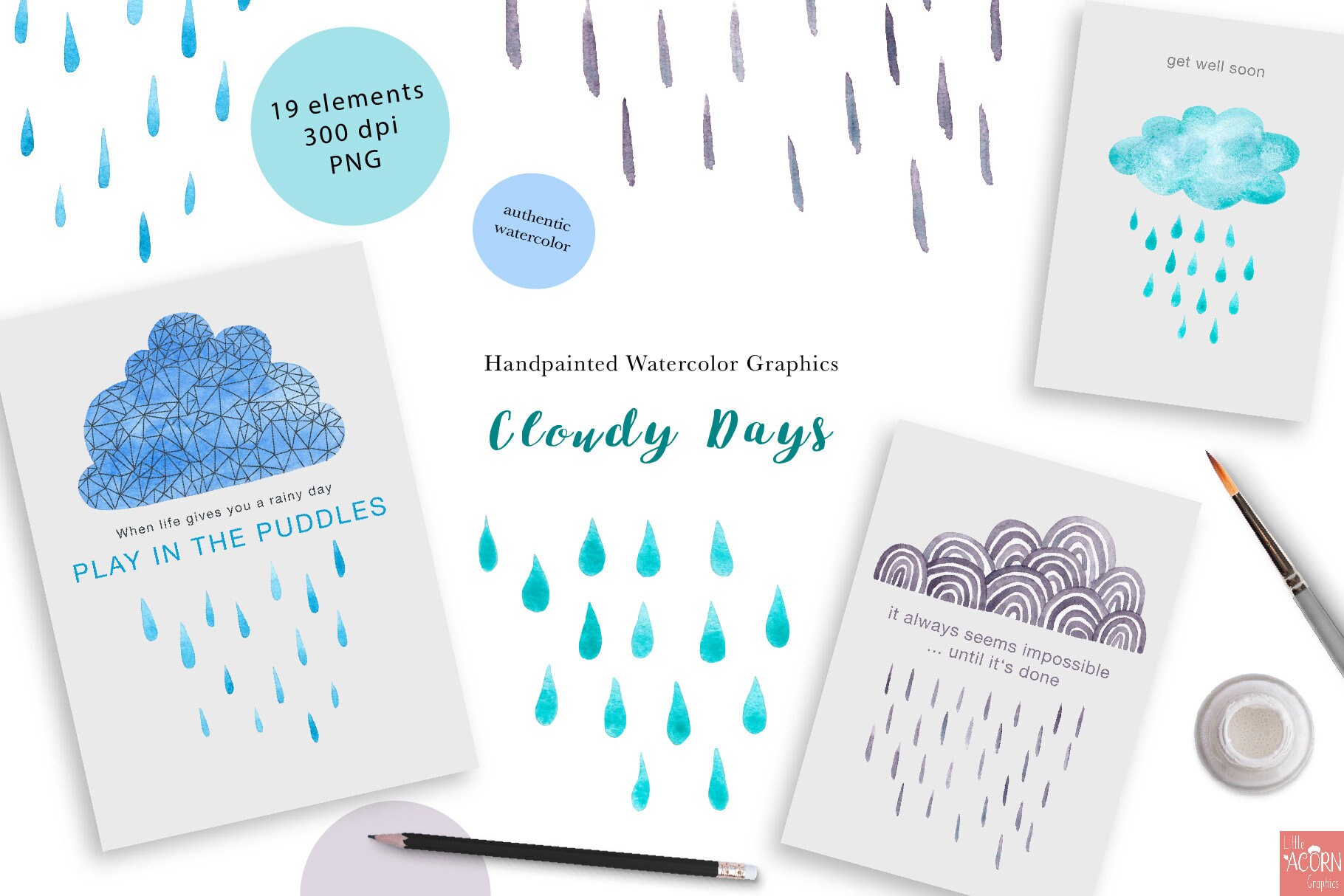 Watercolor Clipart Commercial Use, Clouds Rain Weather for Card Making ...