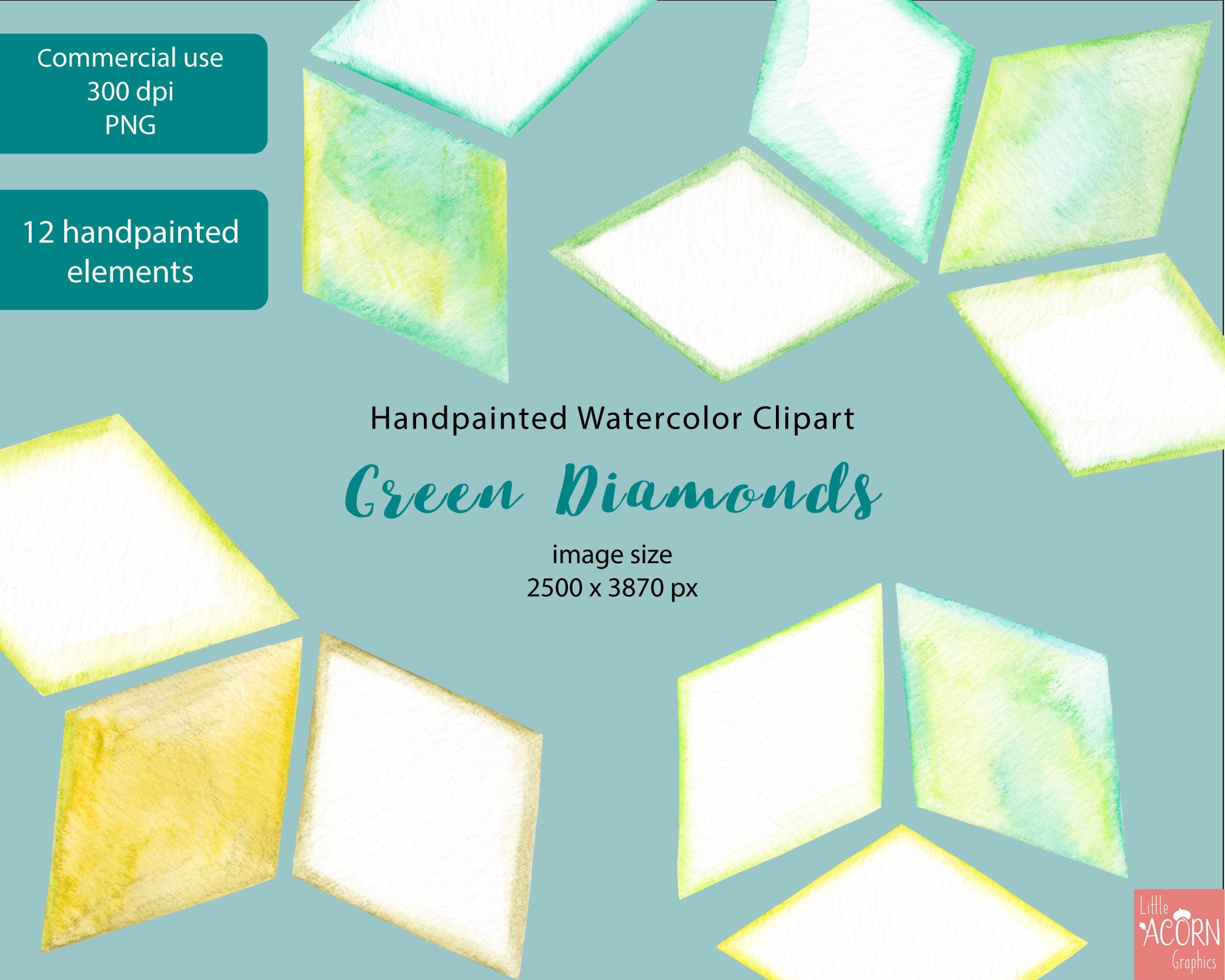 Watercolor Geometric Clipart Frame, Green Diamonds Watercolor, Card ...