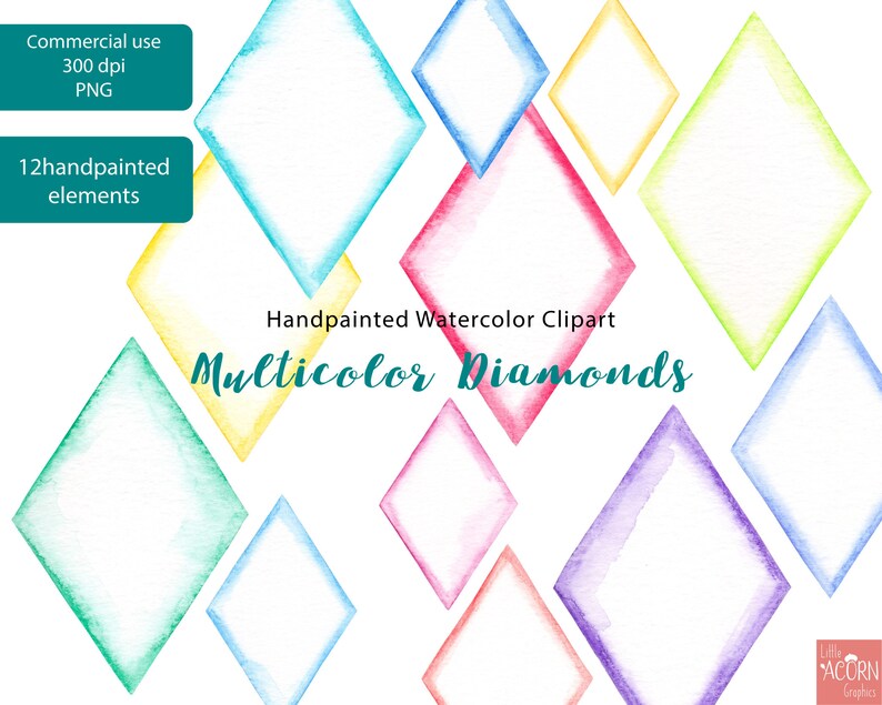 Watercolor Clipart Frame, Multicolor Diamonds Handpainted Watercolor ...