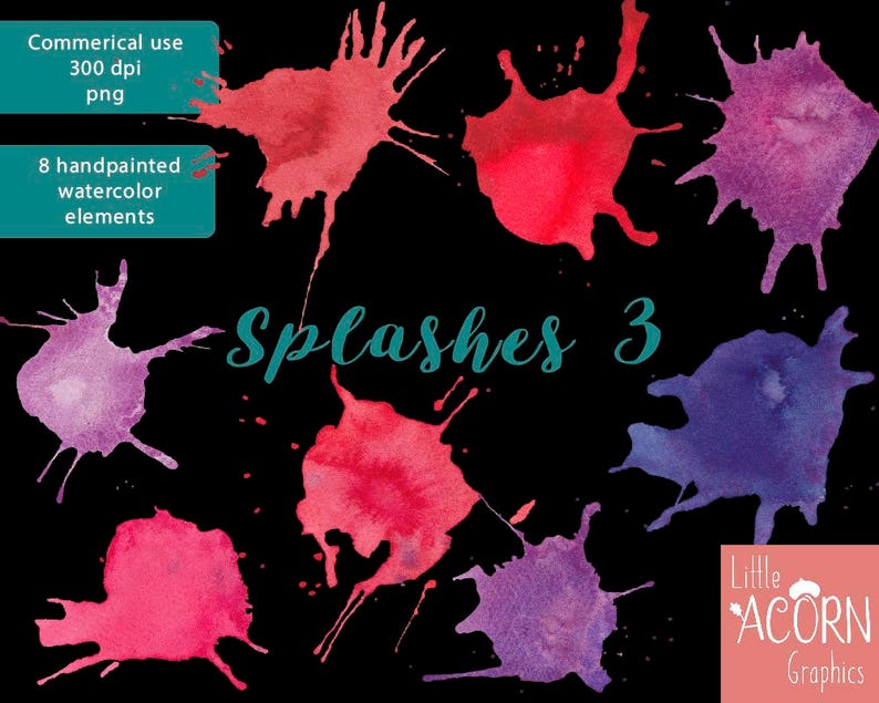 Watercolor Clipart Spashes, Commercial Use Handpainted Watercolor Clip ...
