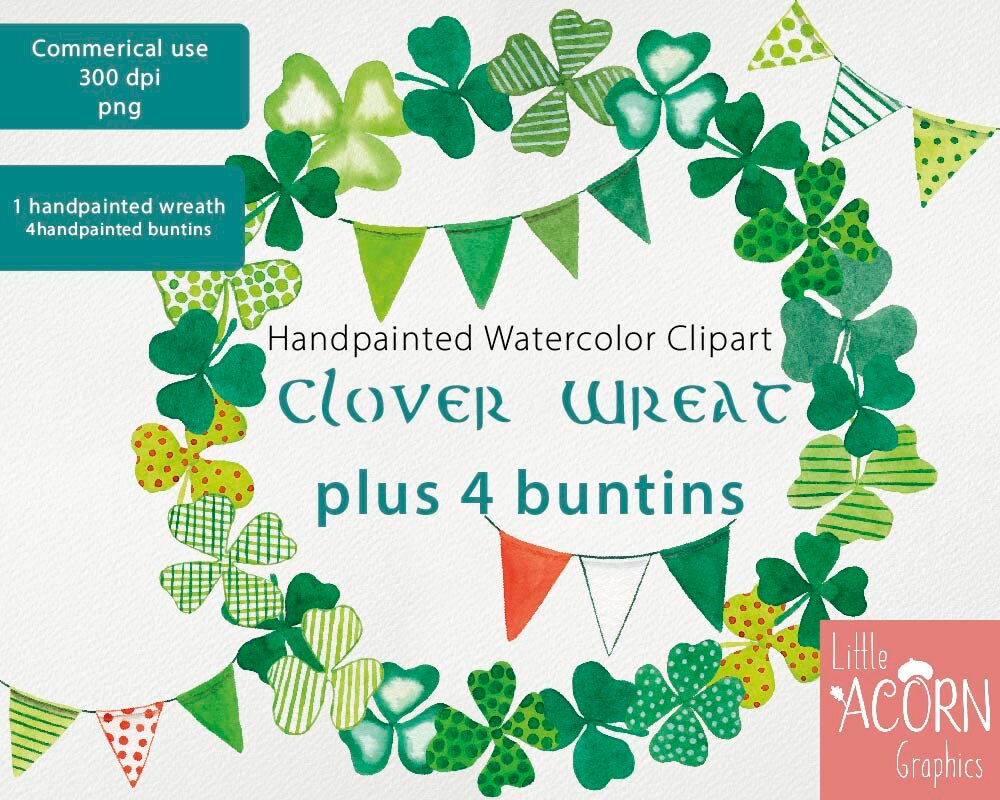 Watercolor Clipart St. Patriks Day Wreath Green Irish Shamrock Clip Art ...