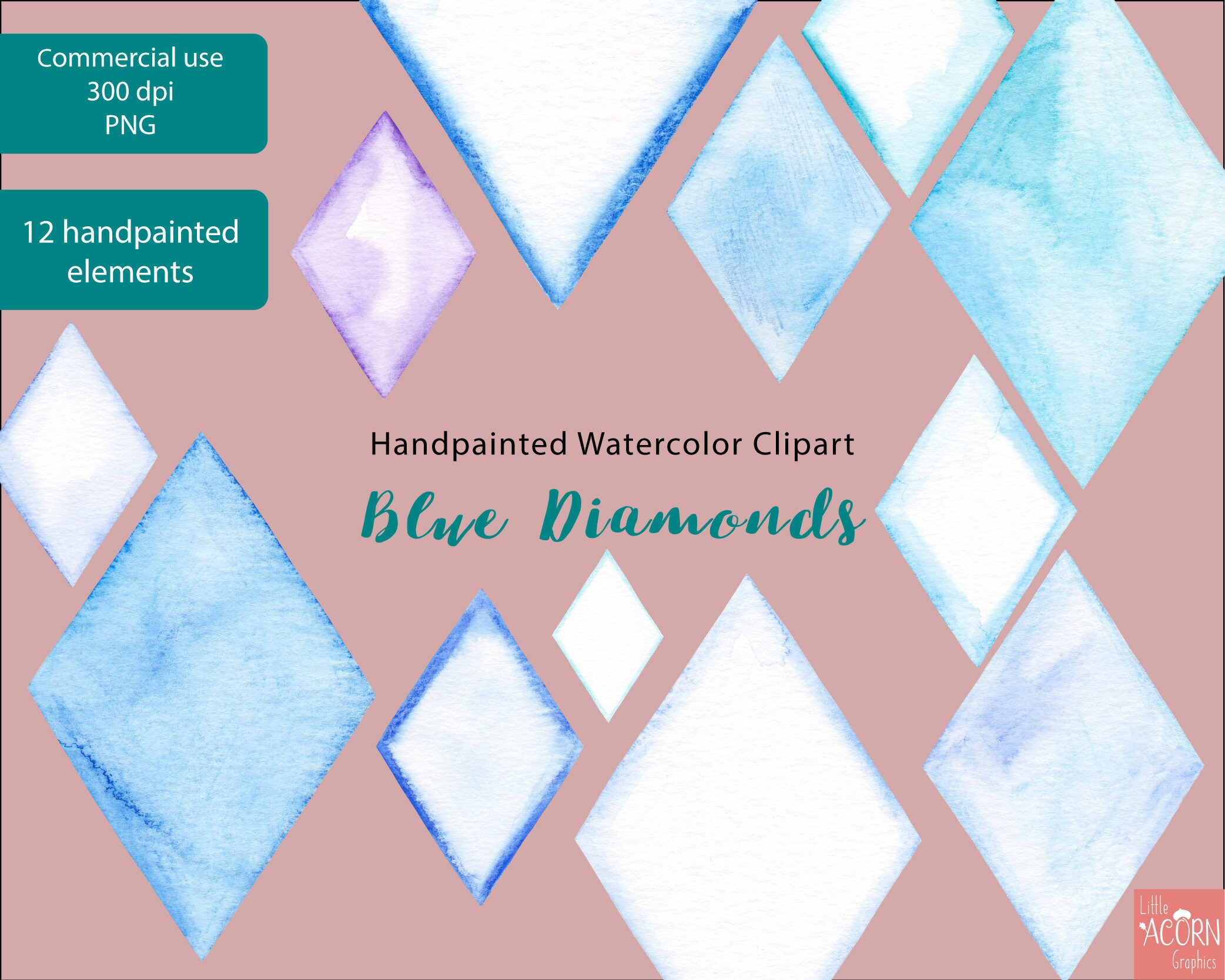 Watercolor Clipart Frame, Blue Diamonds Watercolor Clip Art, Cards ...