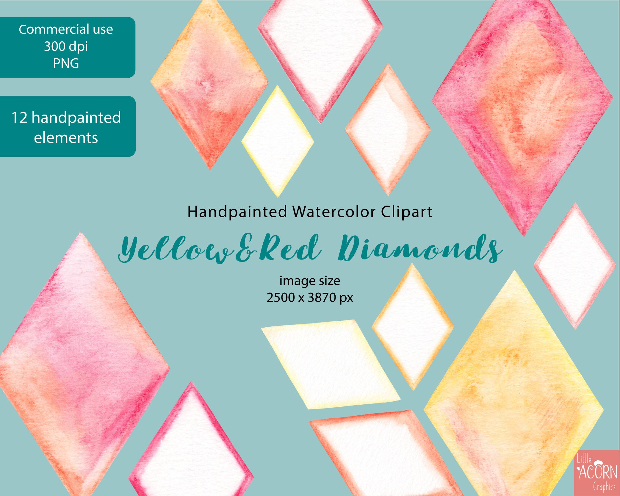 Watercolor Clipart Frame, Yellow and Red Diamonds Watercolor Clip Art ...