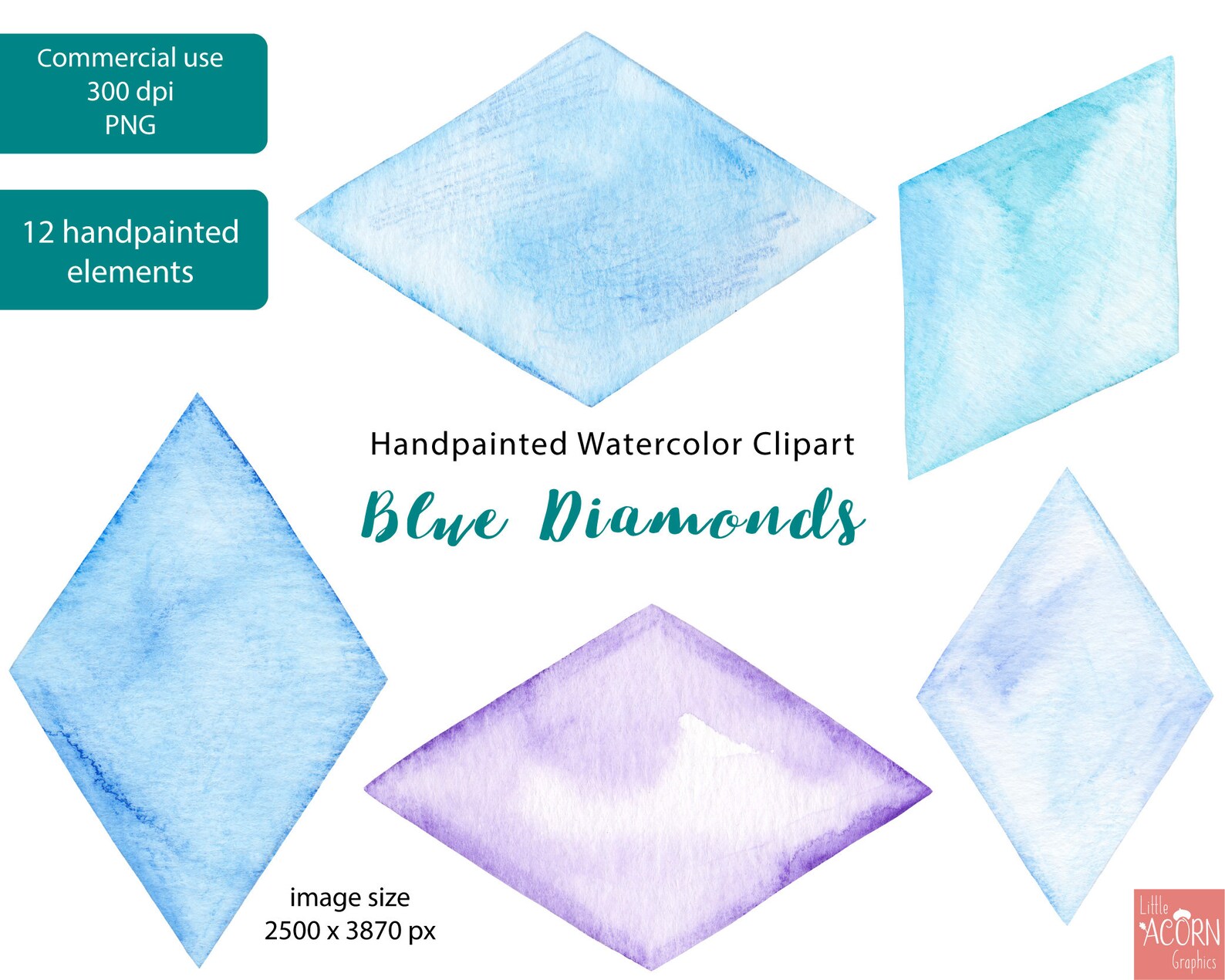 Watercolor Clipart Frame, Blue Diamonds Watercolor Clip Art, Cards ...