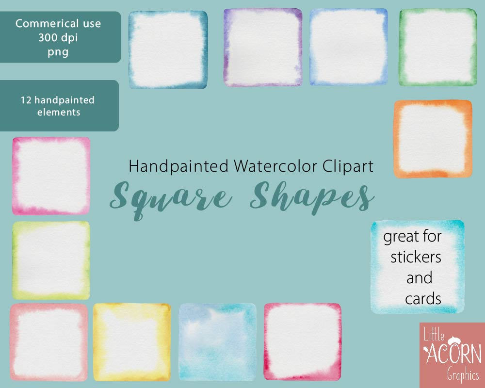 Watercolor Clipart Frame, Square Clip Art Frame, Handpainted Watercolor ...