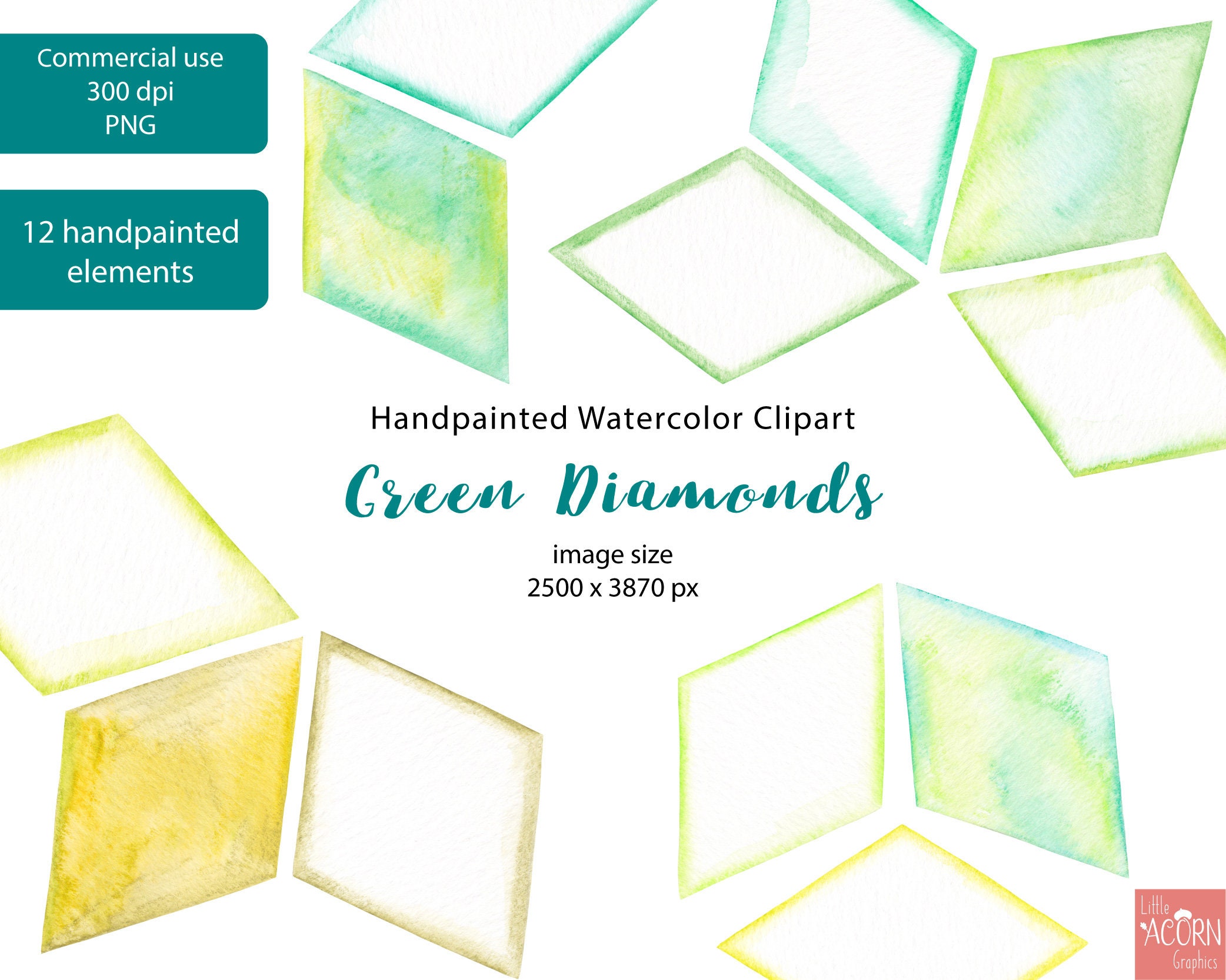 Watercolor Geometric Clipart Frame, Green Diamonds Watercolor, Card ...