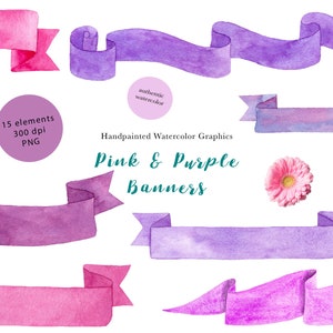 Watercolor Clipart Banner Pink Purple, Handpainted Watercolor Clipart ...