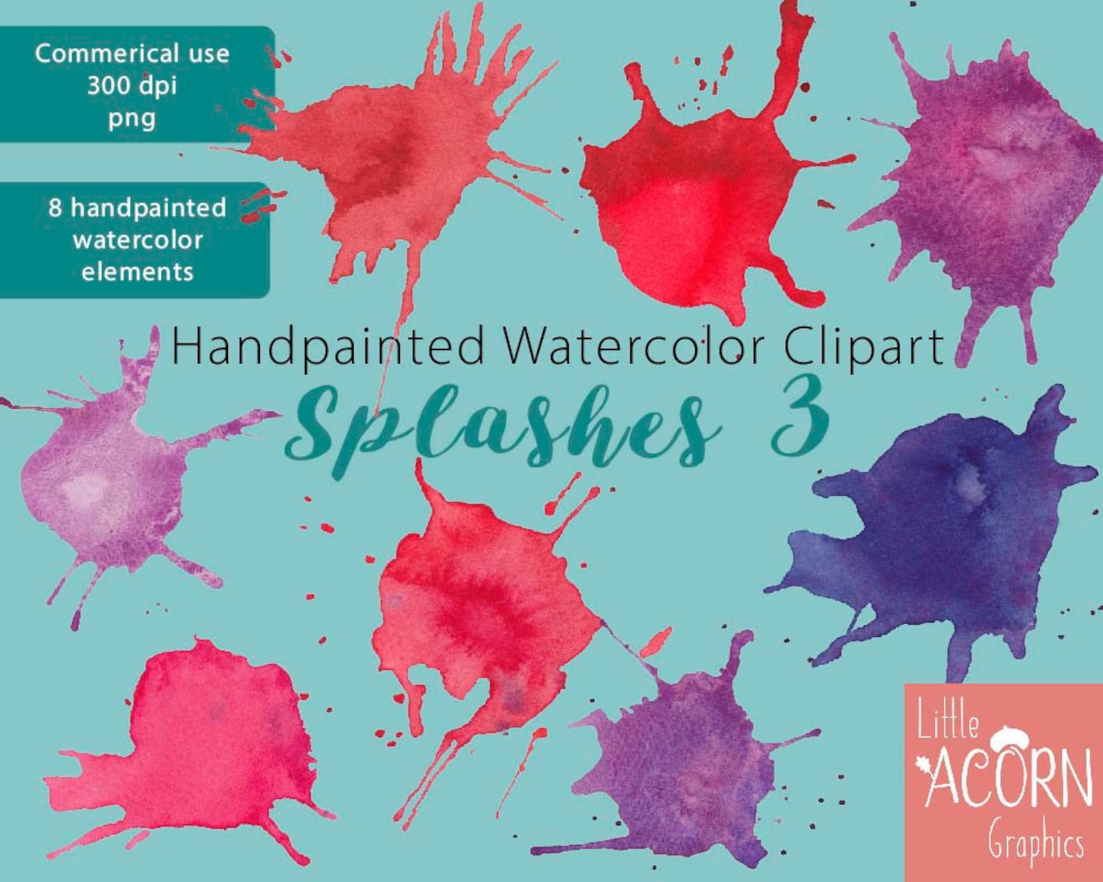 Watercolor Clipart Spashes, Commercial Use Handpainted Watercolor Clip ...