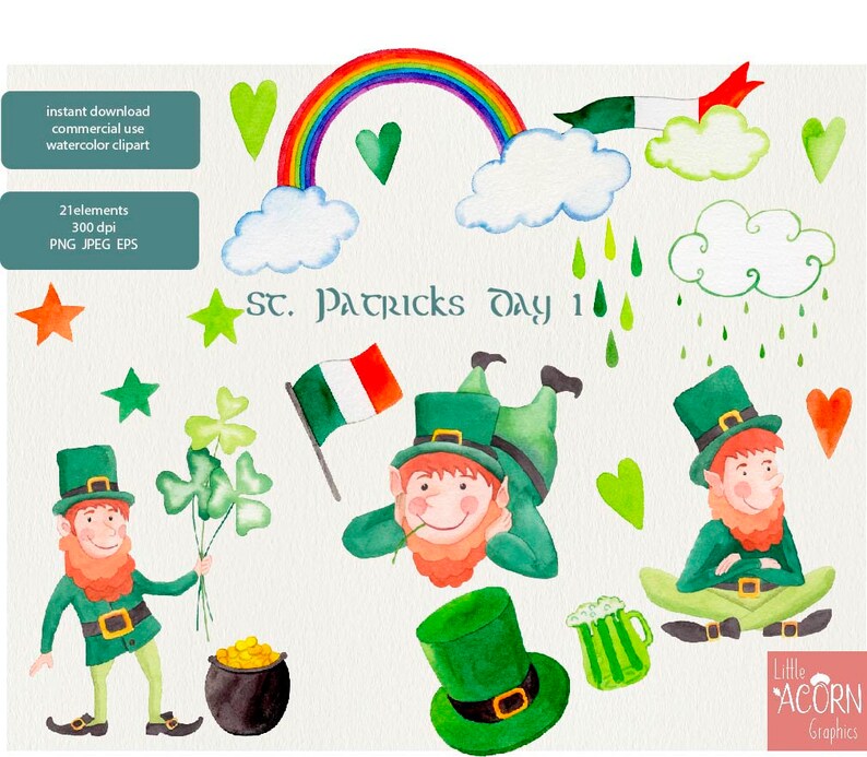 Watercolor Clipart St Patricks Day, Leprechauns Handpainted Irish Clip ...
